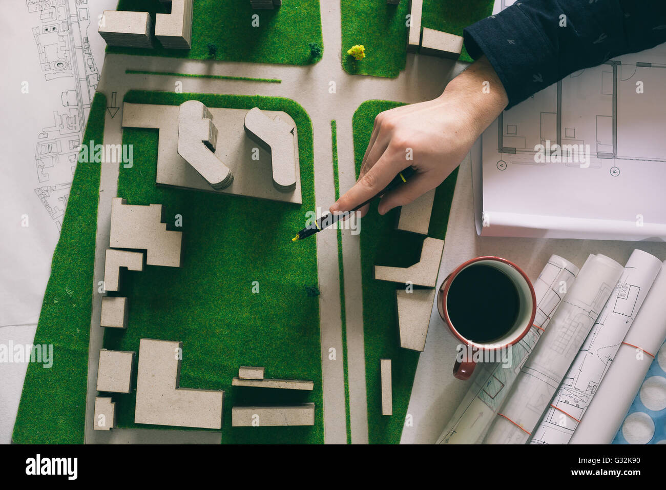 Top view of architect drawing on architectural project Stock Photo - Alamy