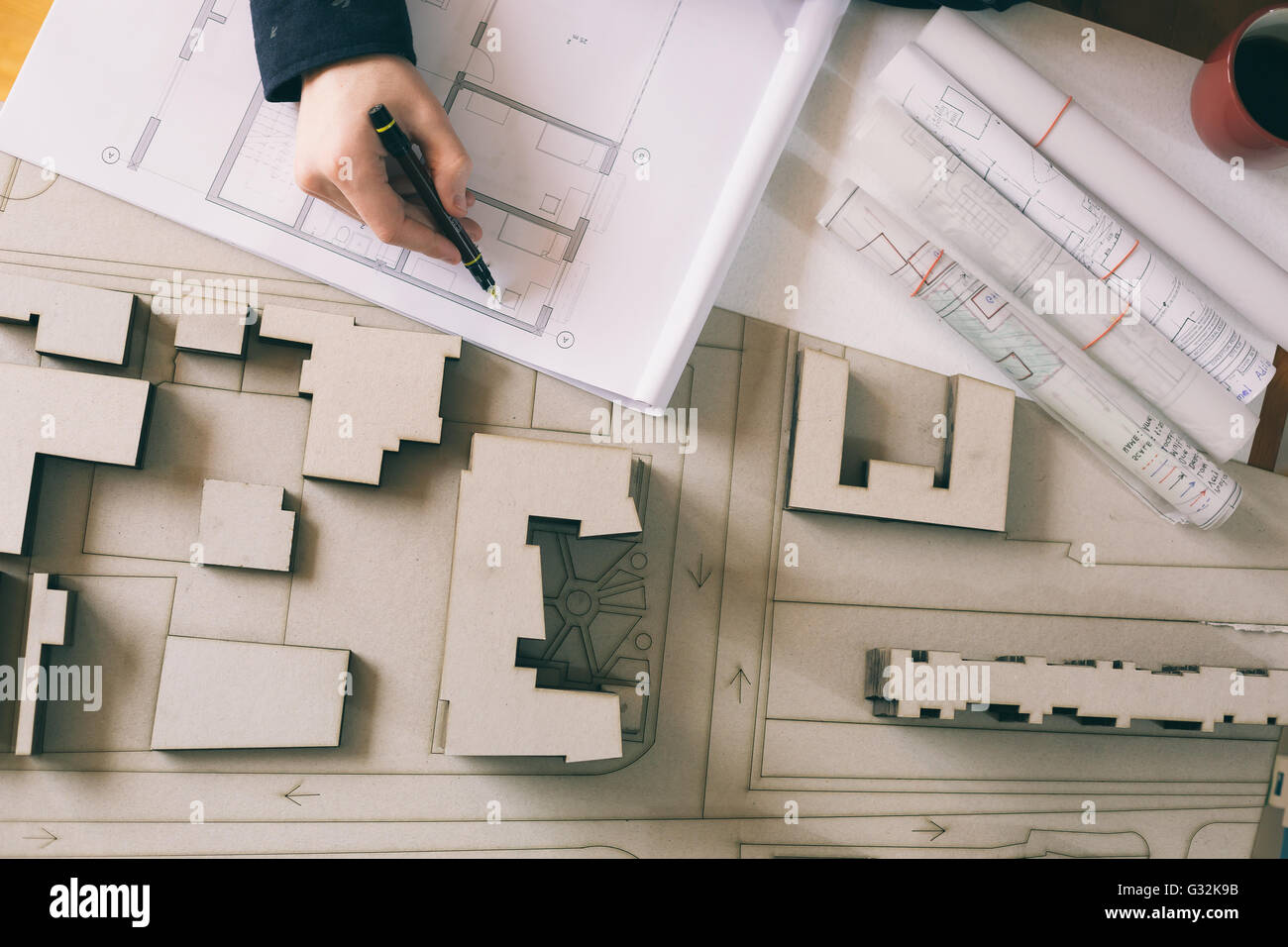 Top view of architect drawing on architectural project Stock Photo - Alamy