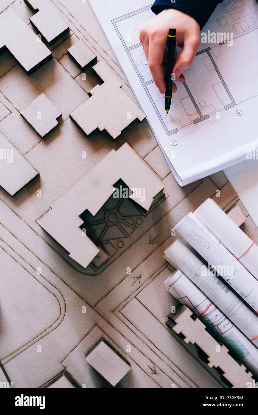 Top view of architect drawing on architectural project Stock Photo - Alamy