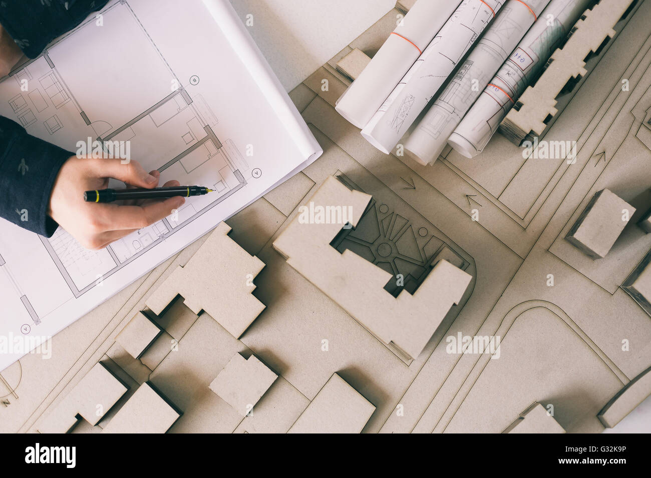 Top view of architect drawing on architectural project Stock Photo - Alamy
