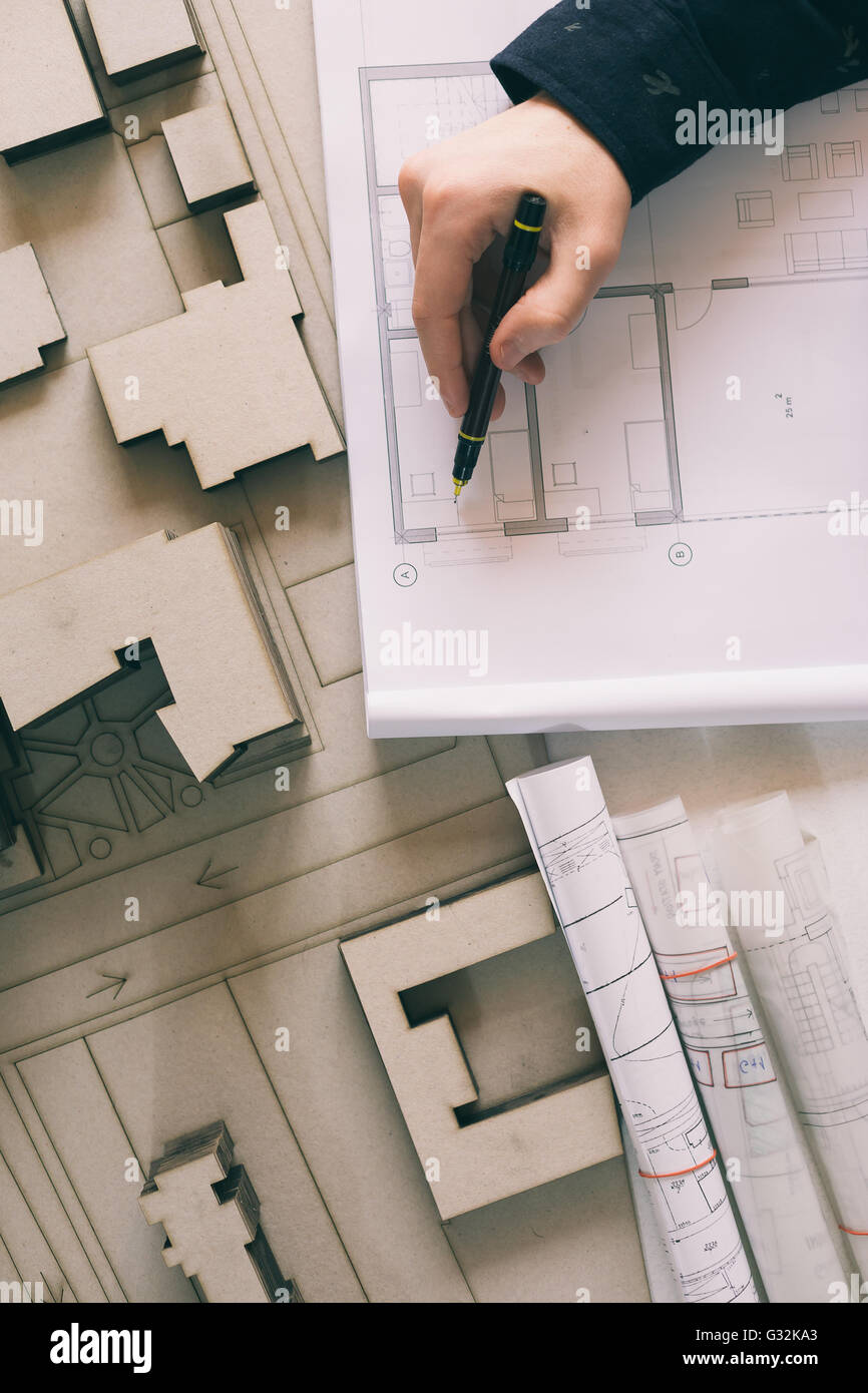 Top view of architect drawing on architectural project Stock Photo - Alamy