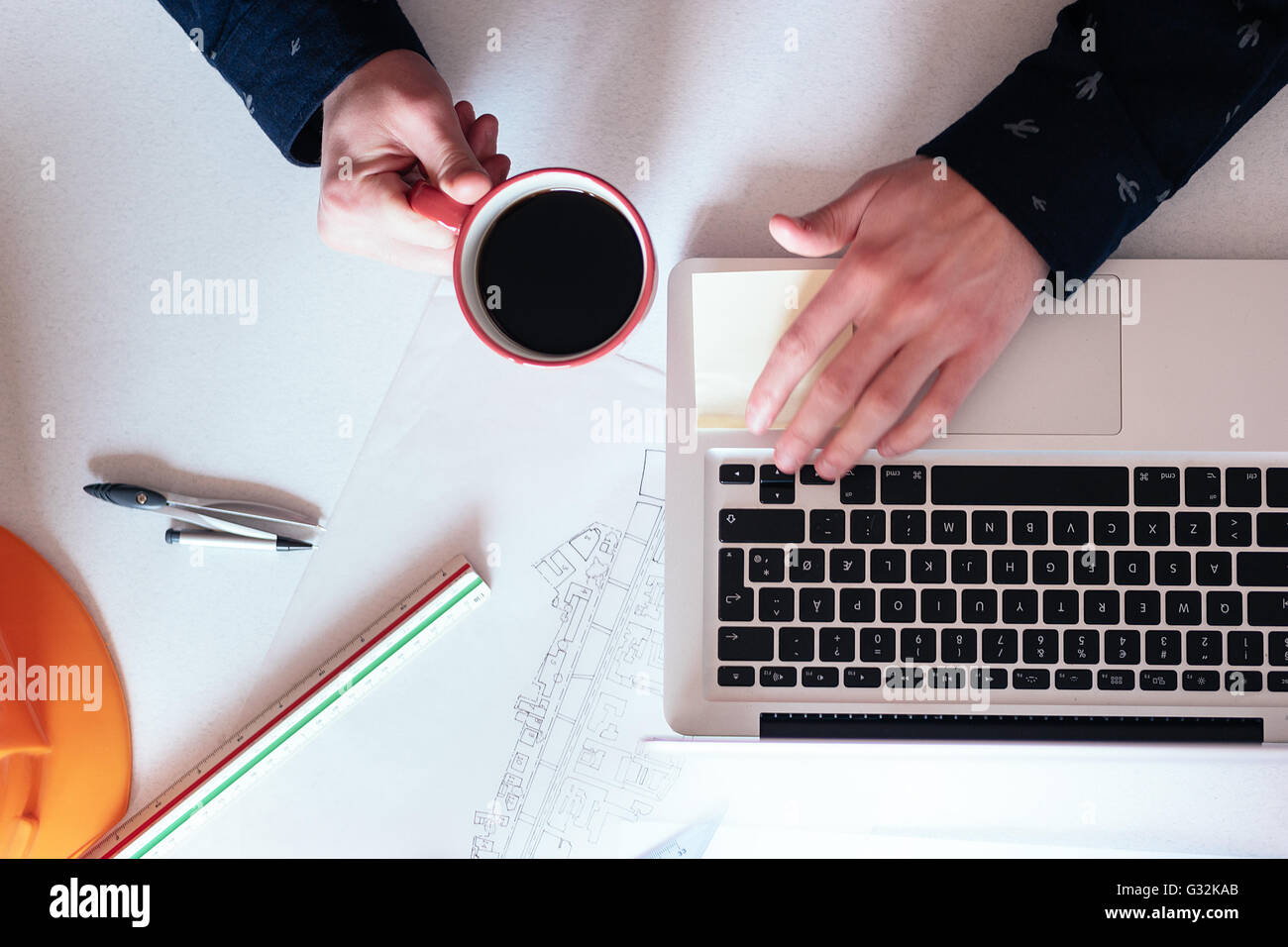 Top view of architect drawing on architectural project Stock Photo - Alamy