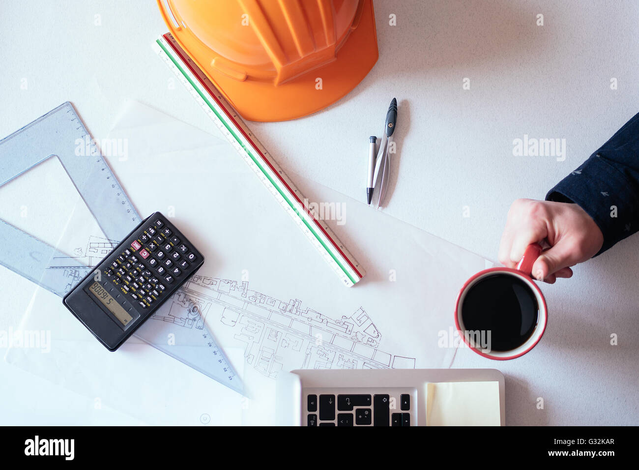 Top view of architect drawing on architectural project Stock Photo - Alamy