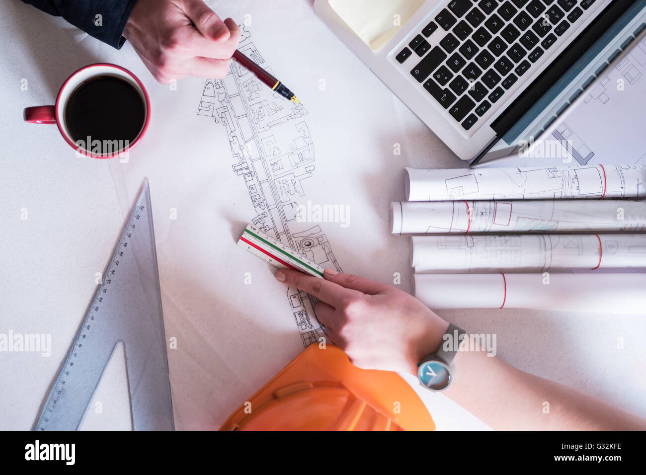Top view of architect drawing on architectural project Stock Photo - Alamy