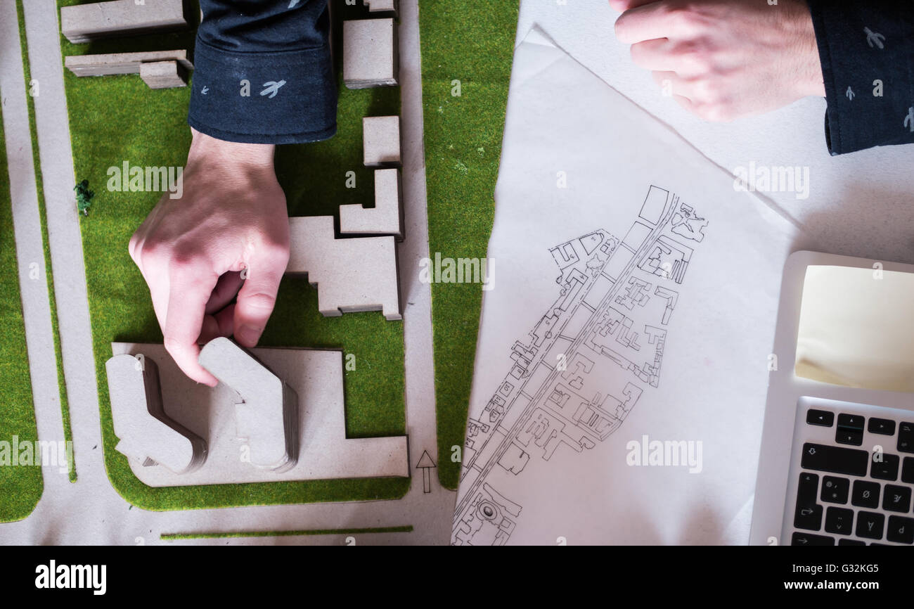Top view of architect drawing on architectural project Stock Photo - Alamy