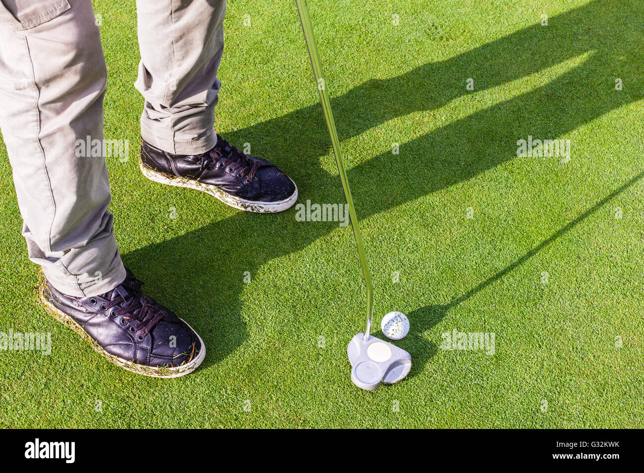 a golf player aiming for the hole on the green with a putter Stock ...