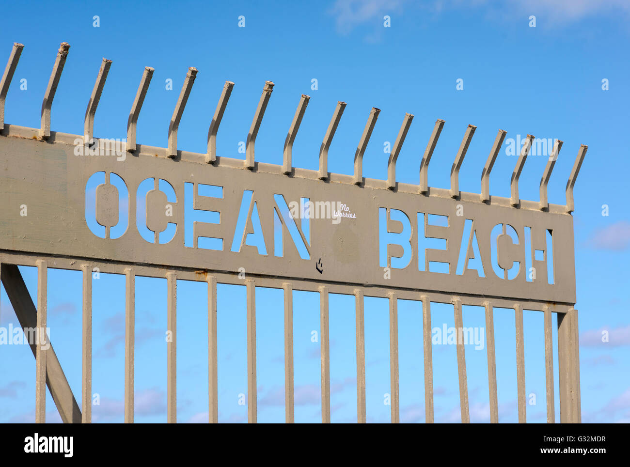Ocean Beach sign on a metal gate on the Ocean Beach Pier. San Diego ...