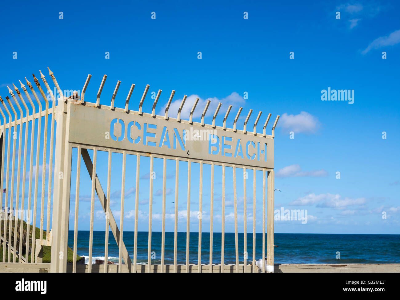 Ocean Beach sign on a metal gate on the Ocean Beach Pier. San Diego ...