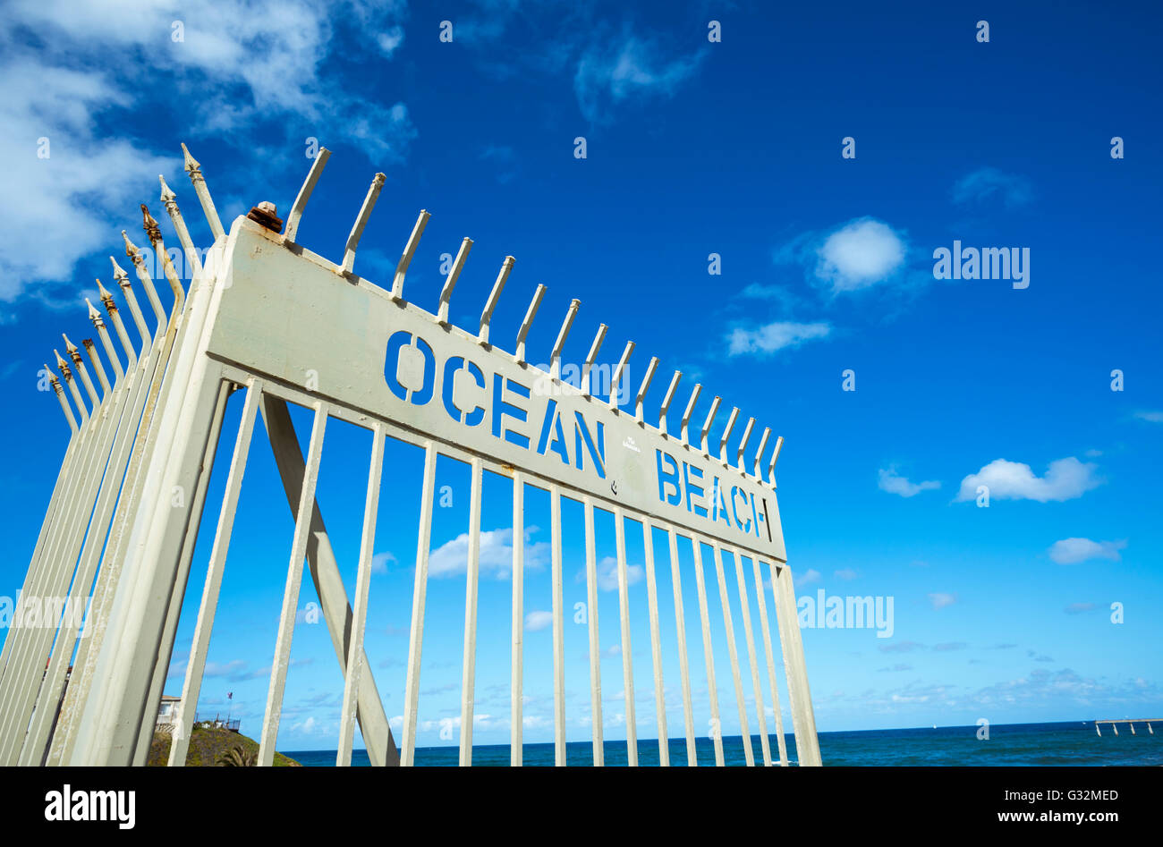 Ocean Beach sign on a metal gate on the Ocean Beach Pier. San Diego ...