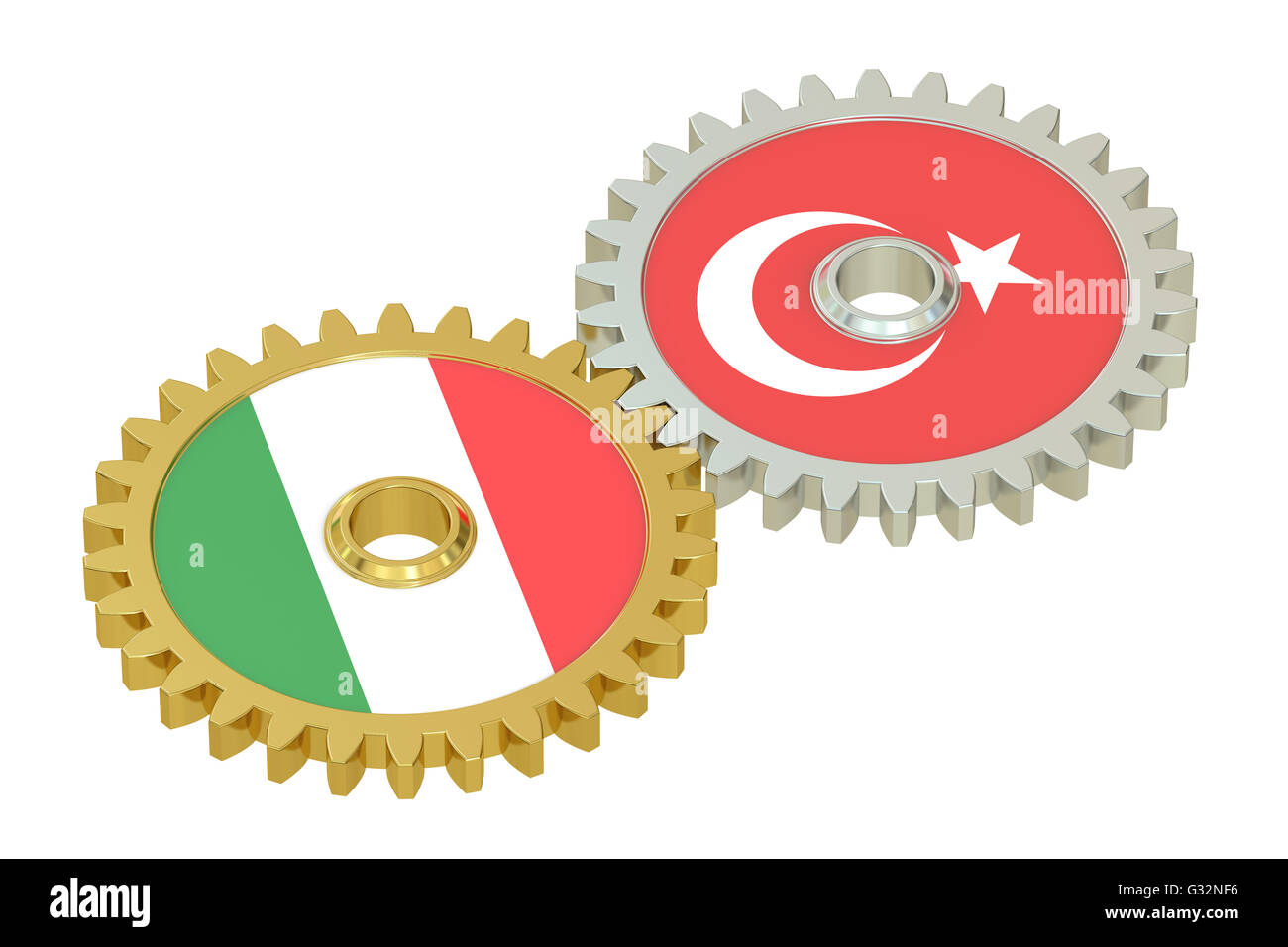 Italy and Turkey flags on a gears, 3D rendering isolated on white ...