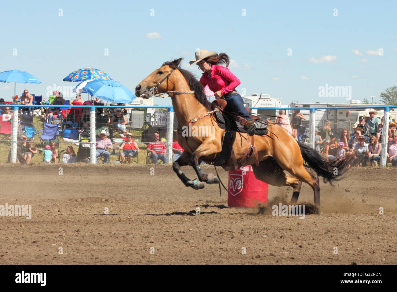 Barrel racing in a rodeo in Alberta, Canada Stock Photo - Alamy