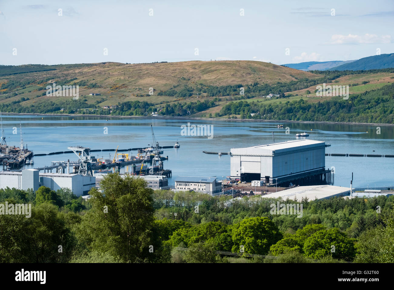 View of Royal Navy base, Clyde, at Faslane on the Gare Loch in Argyll ...