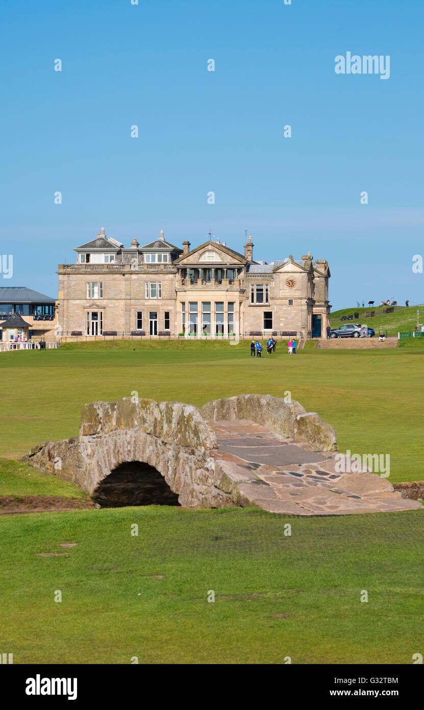 View of Clubhouse and Swilken Burn Bridge on fairway of 18th hole at ...