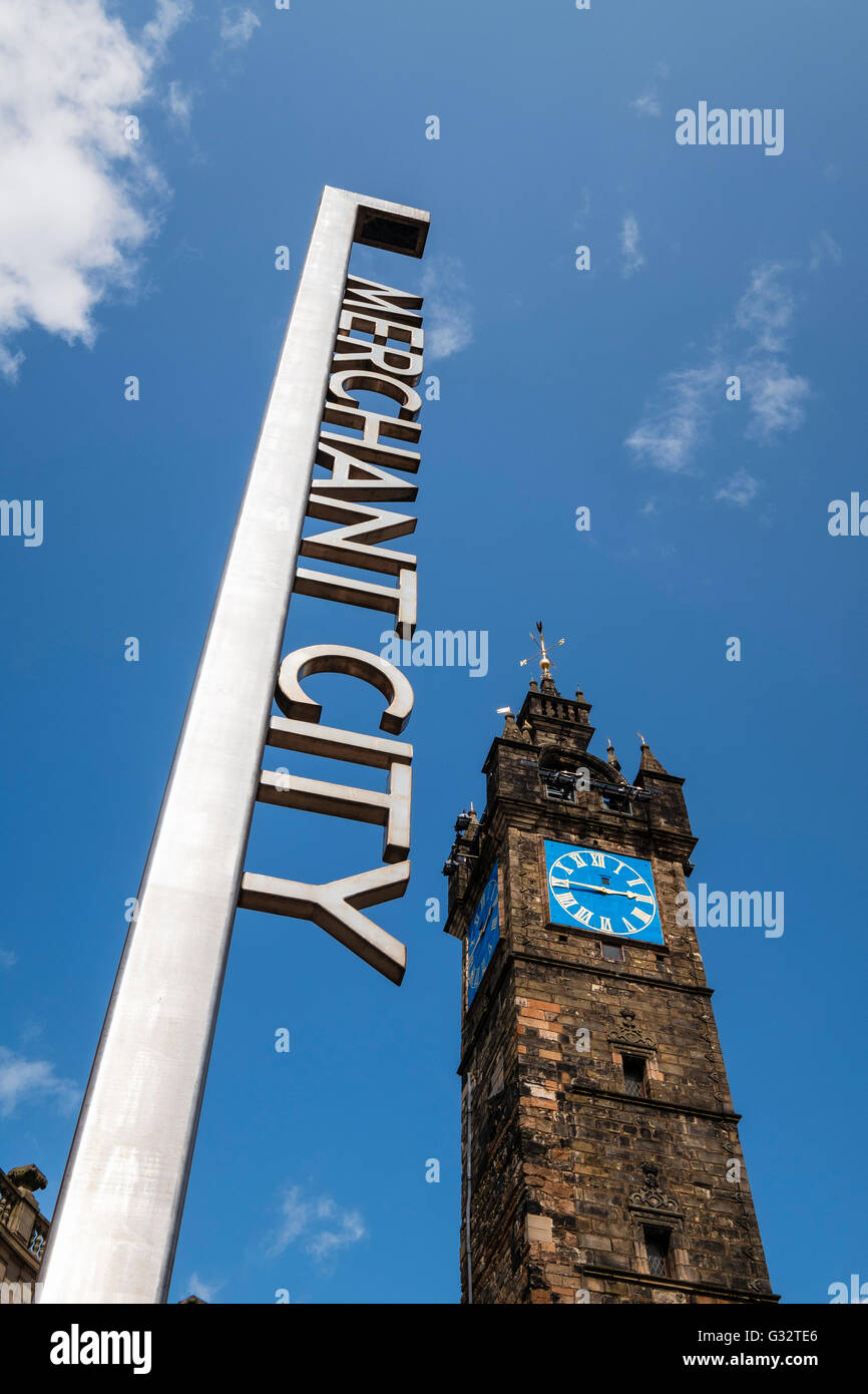Merchant City sign and Tollbooth steeple or clock tower at Trongate in ...