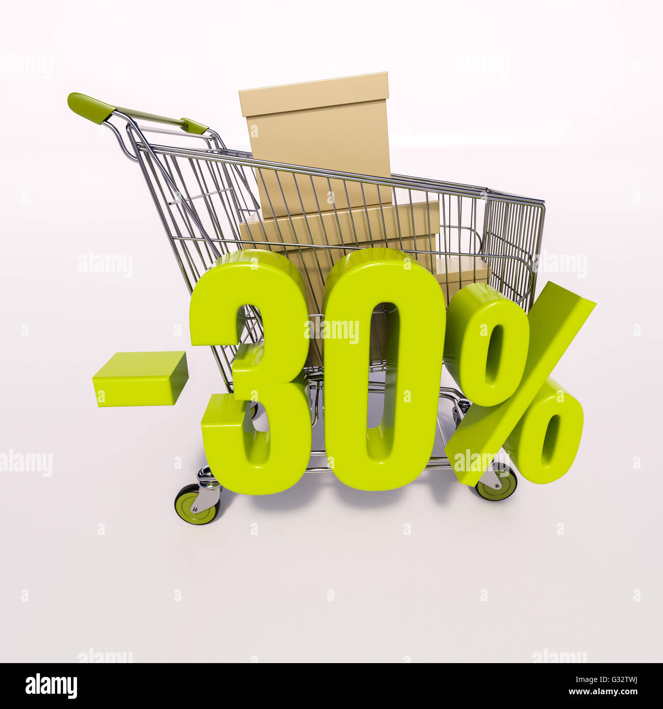 3d render: shopping cart and green 30 percentage discount sign on white ...