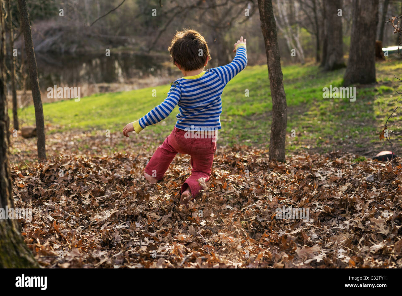 Boy jumping autumn leaves hi-res stock photography and images - Alamy