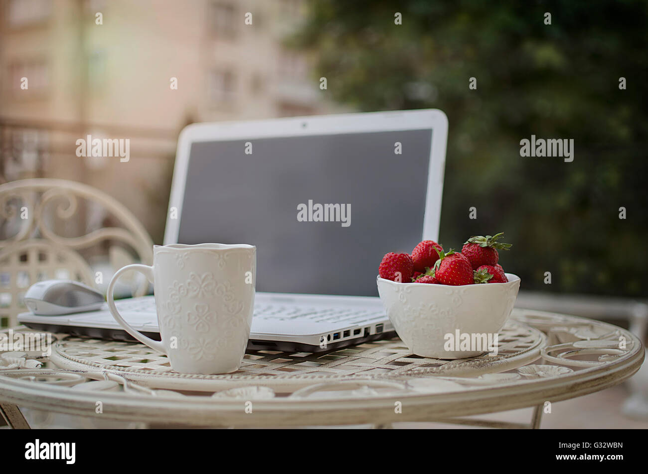 Laptop computer, strawberries and cup of tea on garden table Stock ...