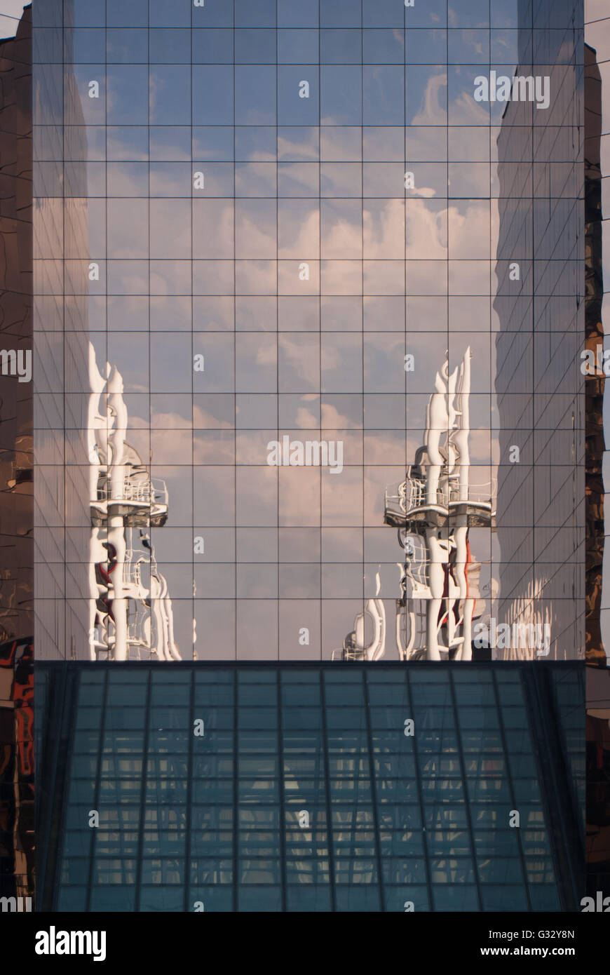Reflection of the lifting footbridge on Trafford wharfside reflected in ...