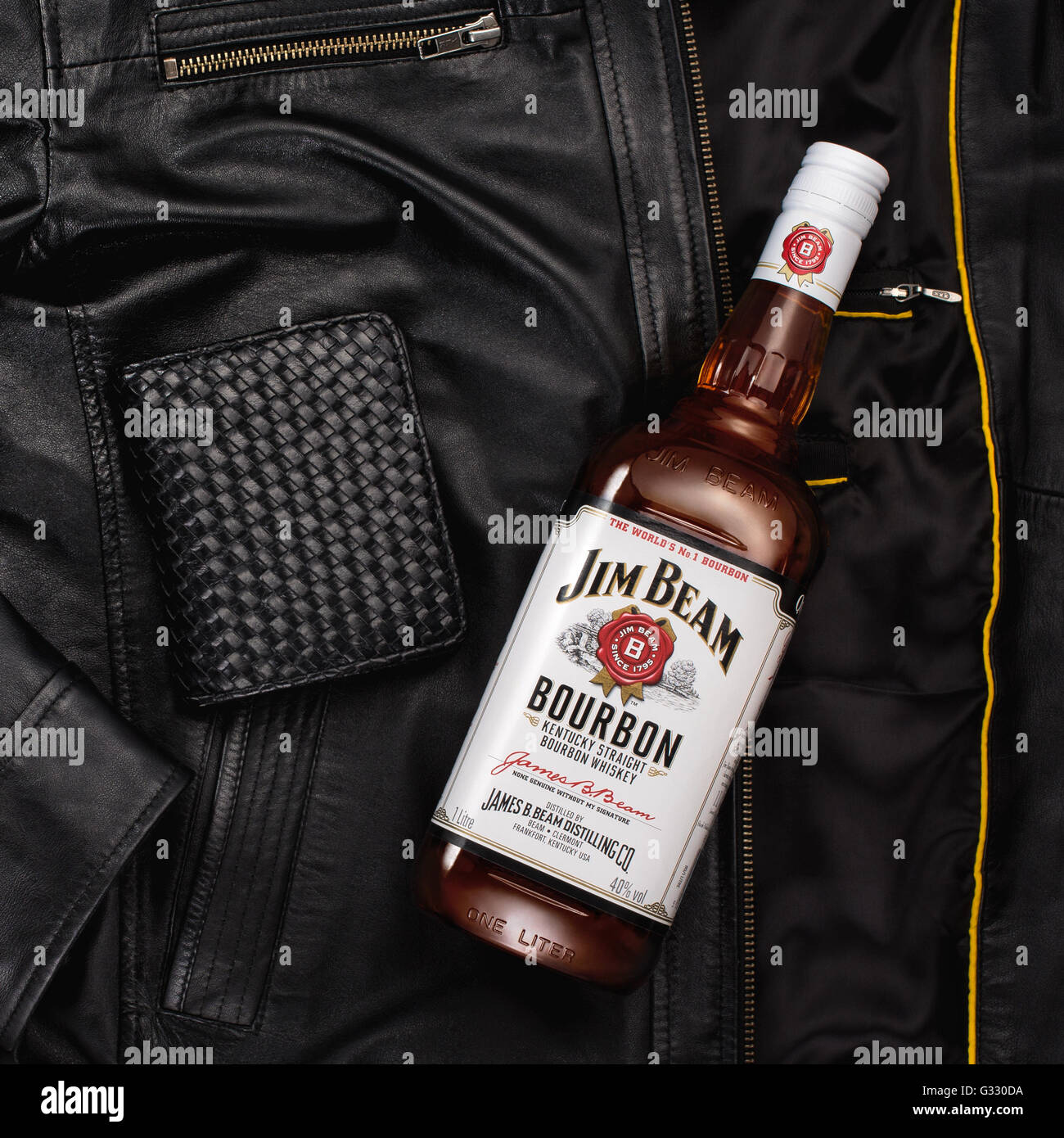 Jim Beam bourbon on a black leather jacket Stock Photo - Alamy