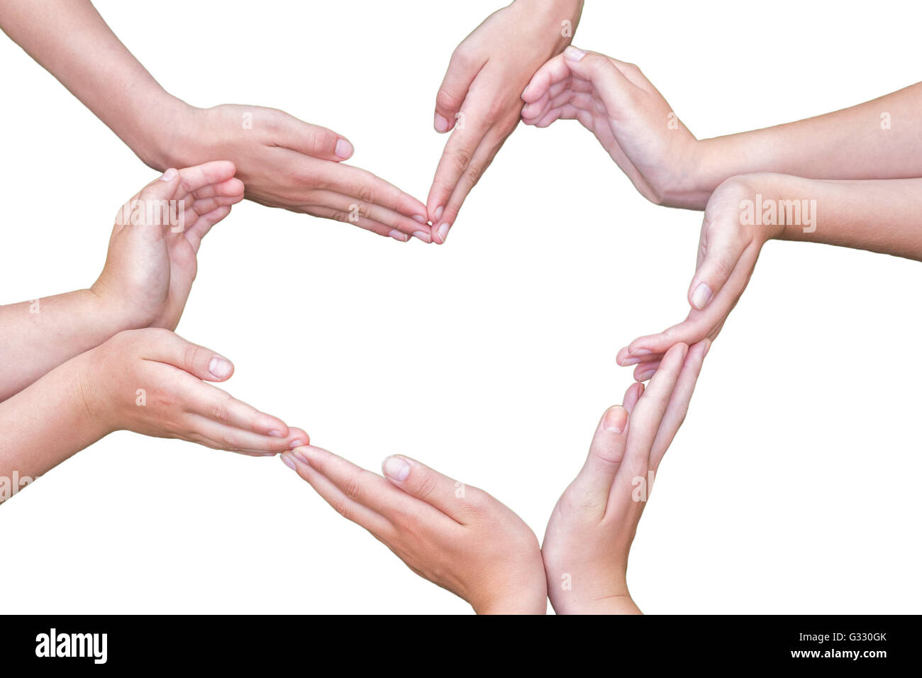 Many arms of children construct heart shape isolated on white ...
