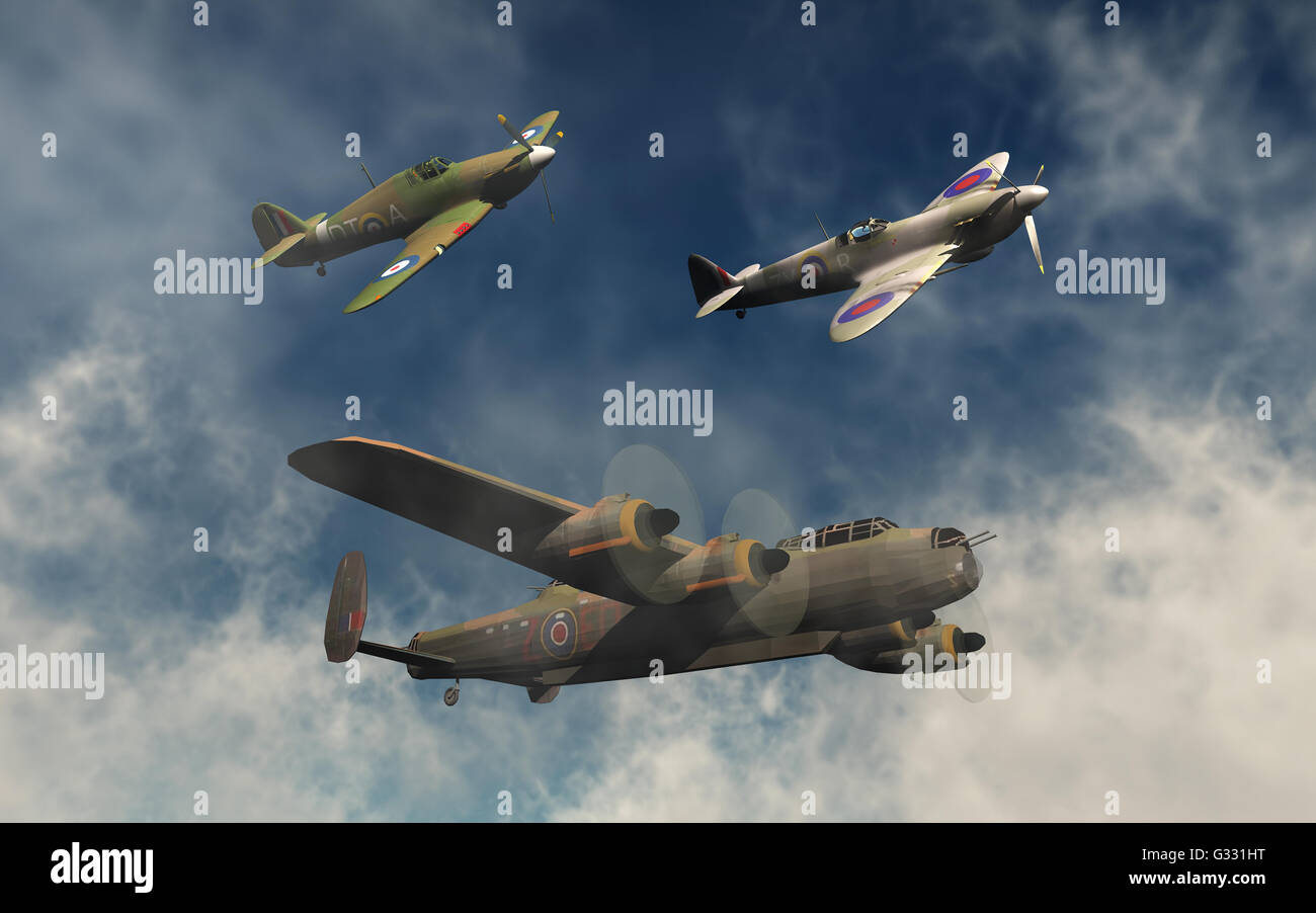 A British RAF,Avro Lancaster Bomber, & A Supermarine Spitfire,& Hawker ...