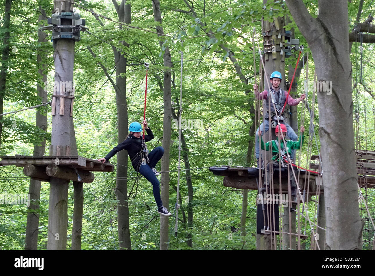 Potsdam, Germany, young people climbing in a high rope course Stock ...