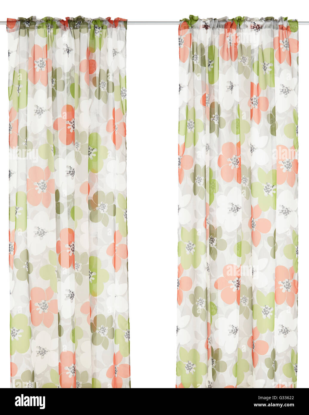 Classic translucent curtains with floral pattern. Isolated on white ...