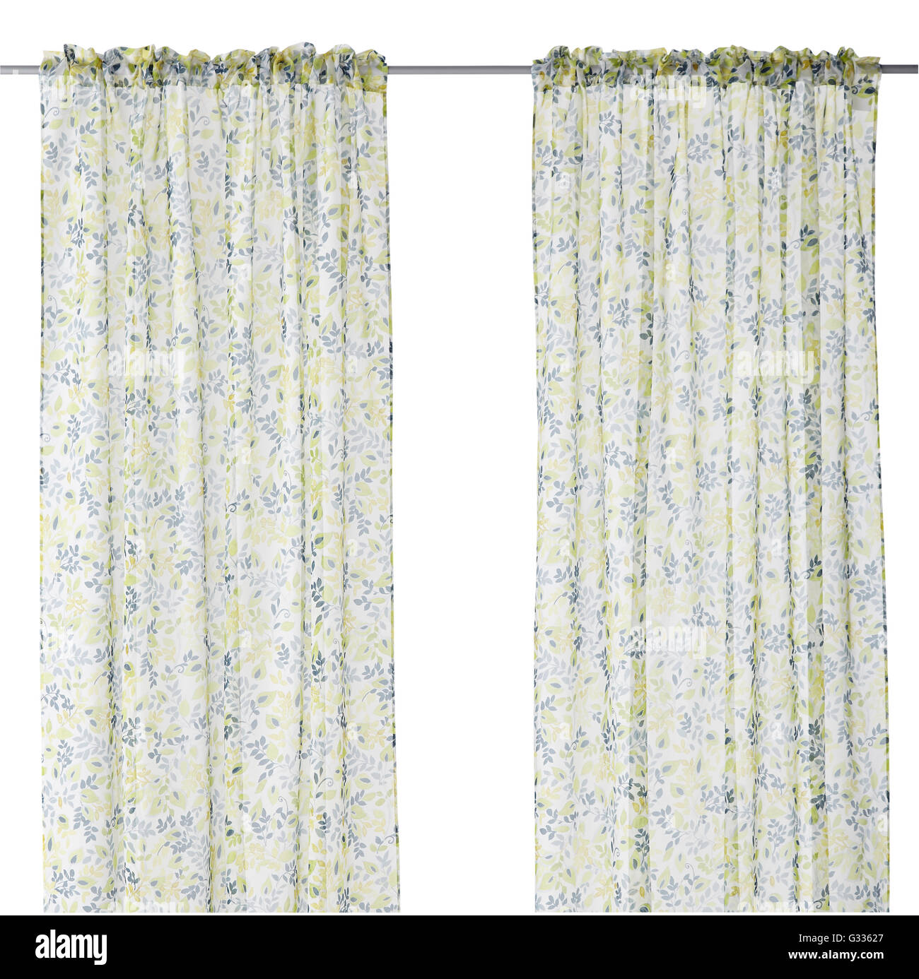 Classic translucent curtains with floral pattern. Isolated on white ...