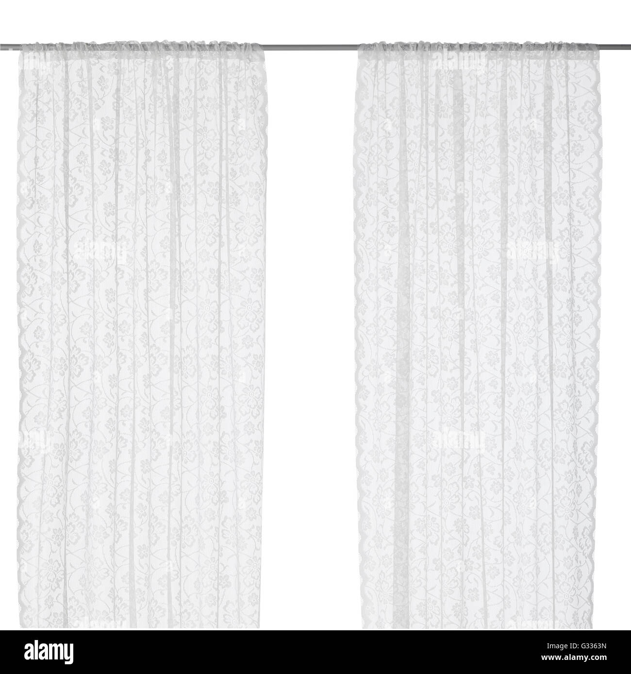 Classic translucent white curtain with floral pattern. Isolated on ...