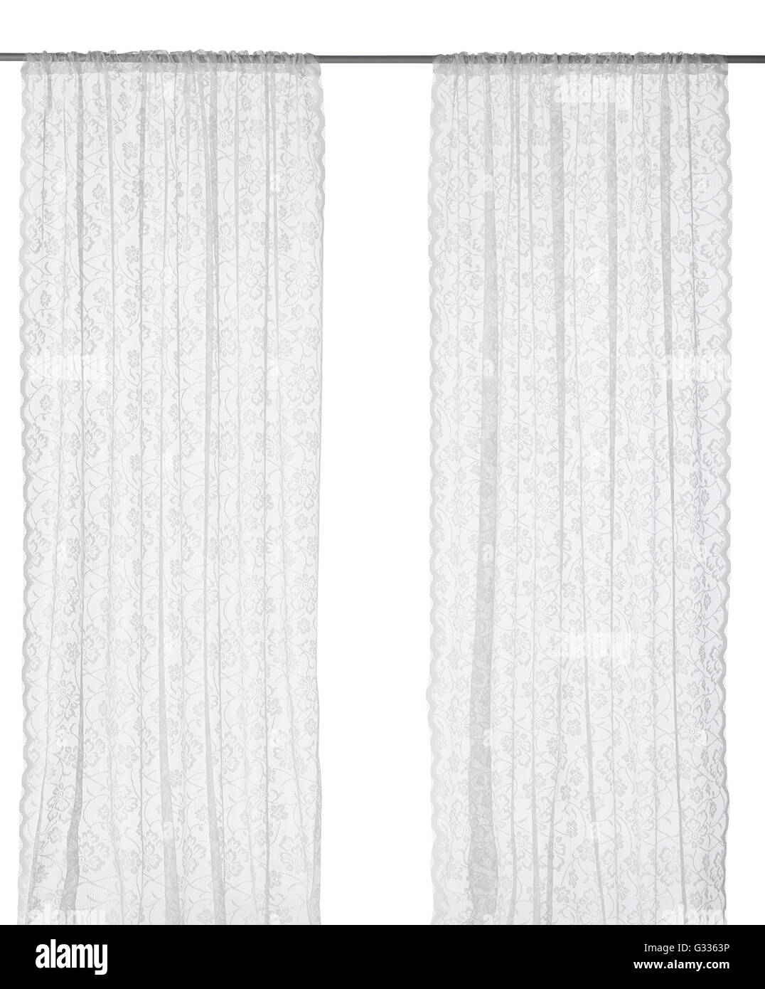 Classic translucent white curtain with floral pattern. Isolated on ...