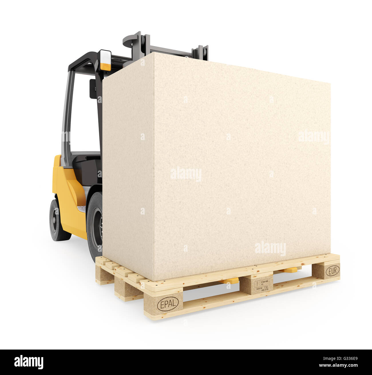 Forklift with pallet and carton with copy space. Isolated on white ...