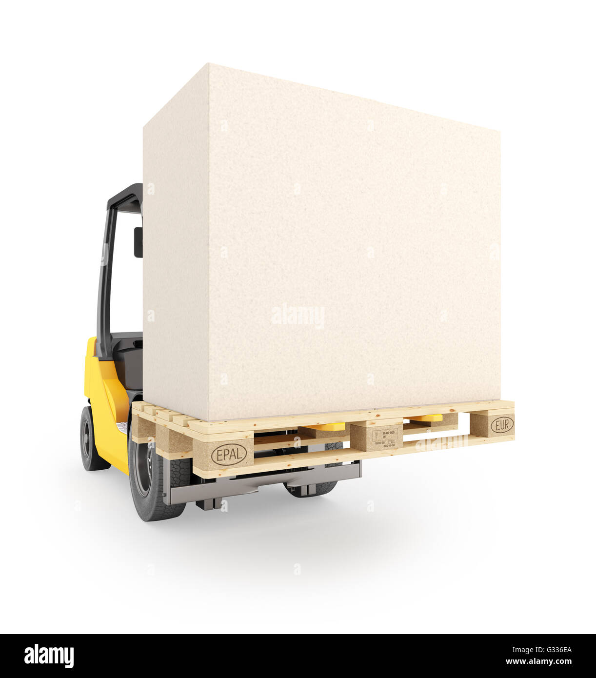 Forklift with pallet and carton with copy space. Isolated on white ...