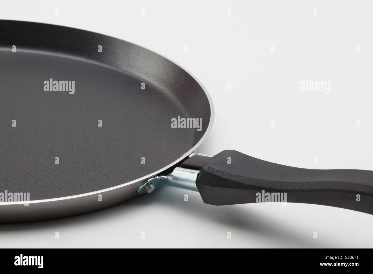 Side view of empty frying pancake pan with teflon coating on white ...