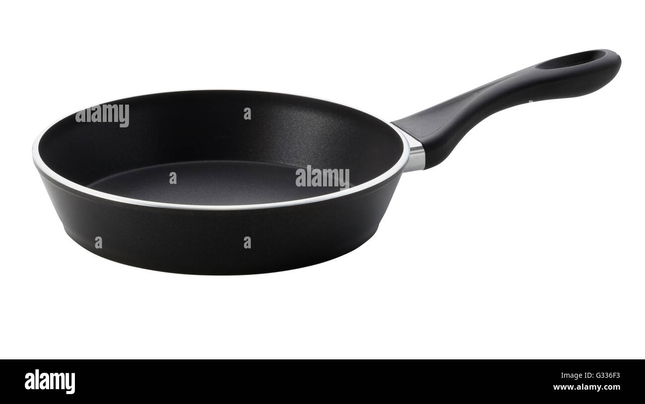 Side view of empty frying pan with teflon coating on white background ...