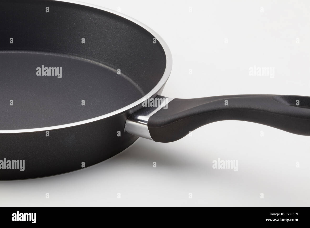 Side view of empty frying pan with teflon coating on white background ...
