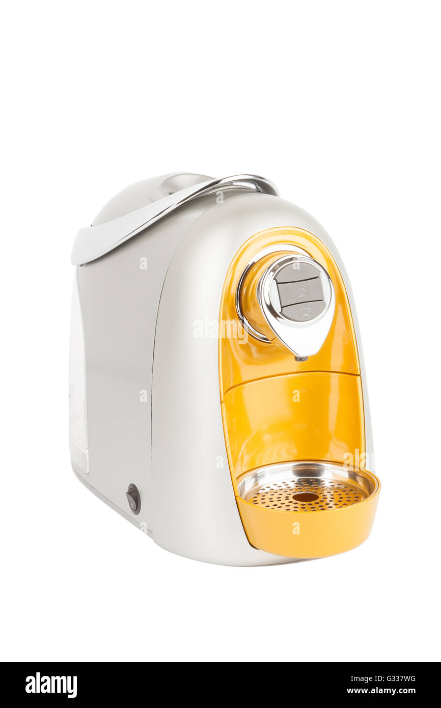 Capsule espresso coffee maker or coffee machine. Side view. Isolated on ...