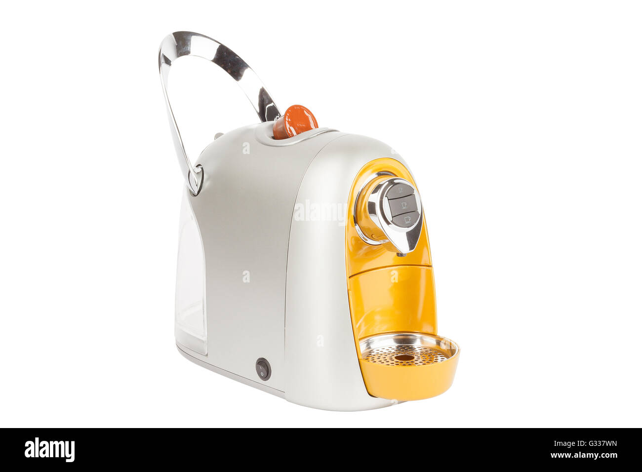 Capsule espresso coffee maker or coffee machine. Side view. Isolated on ...