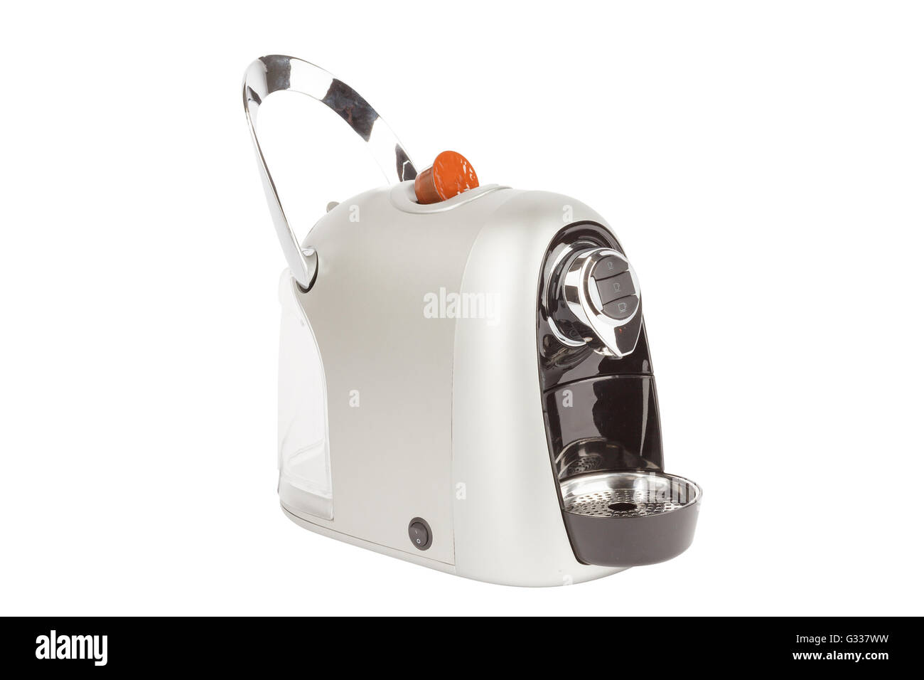 Capsule espresso coffee maker or coffee machine. Side view. Isolated on ...