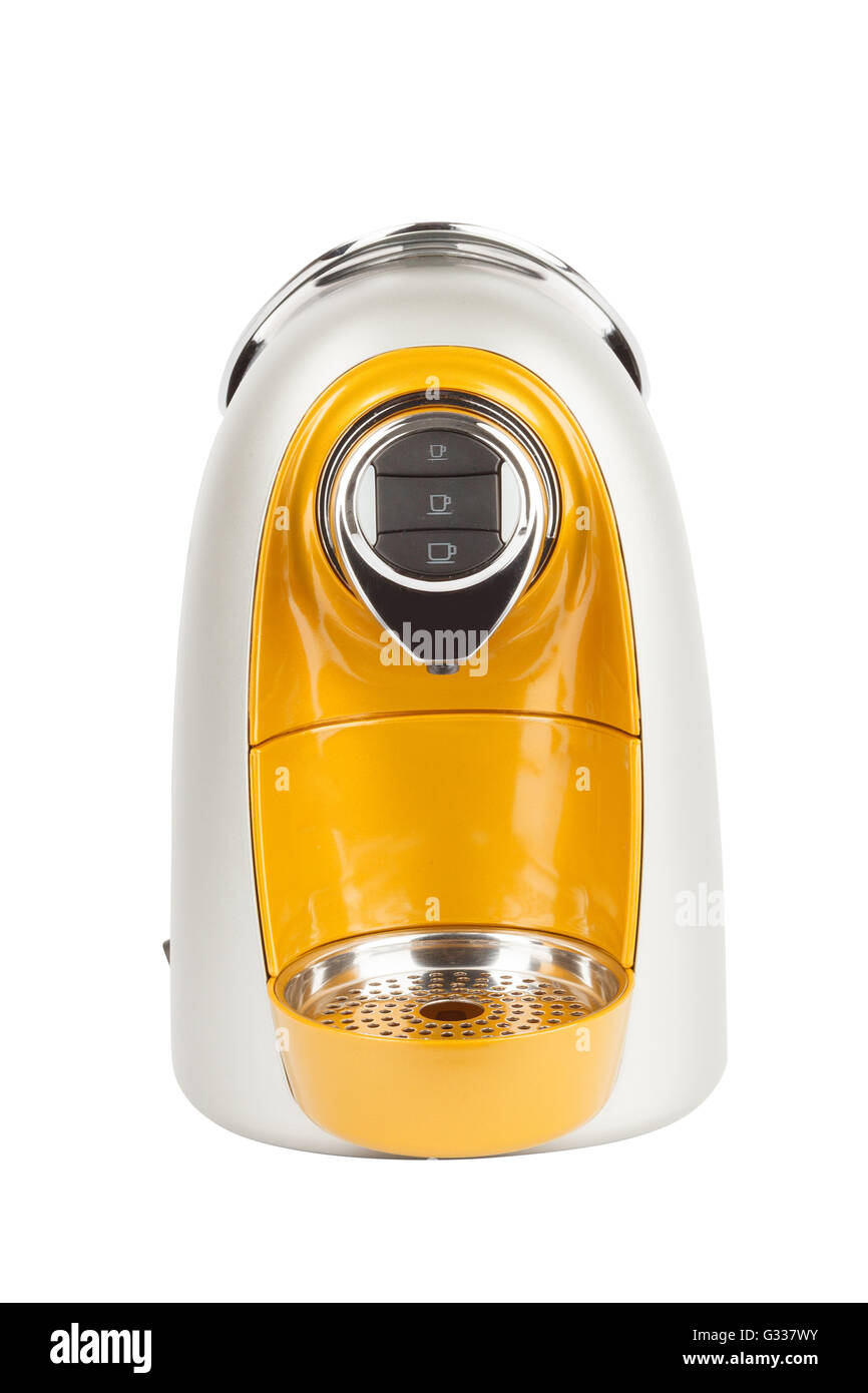 Capsule espresso coffee maker or coffee machine. Side view. Isolated on ...