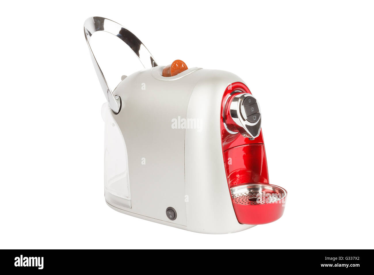 Capsule espresso coffee maker or coffee machine. Side view. Isolated on ...