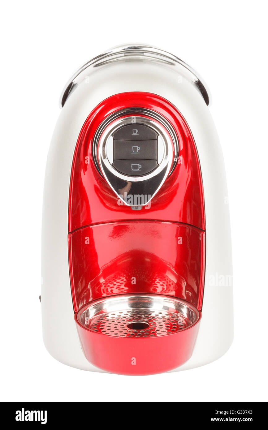 Capsule espresso coffee maker or coffee machine. Side view. Isolated on ...