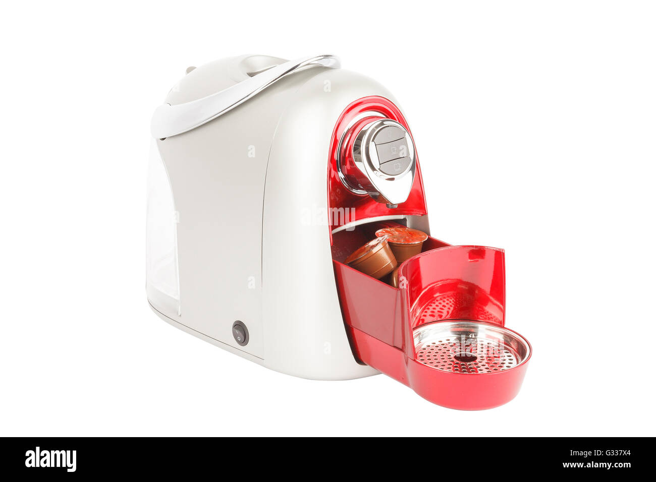 Capsule espresso coffee maker or coffee machine. Side view. Isolated on ...