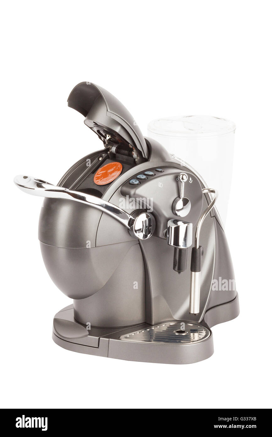 Capsule espresso coffee maker or coffee machine. Side view. Isolated on ...