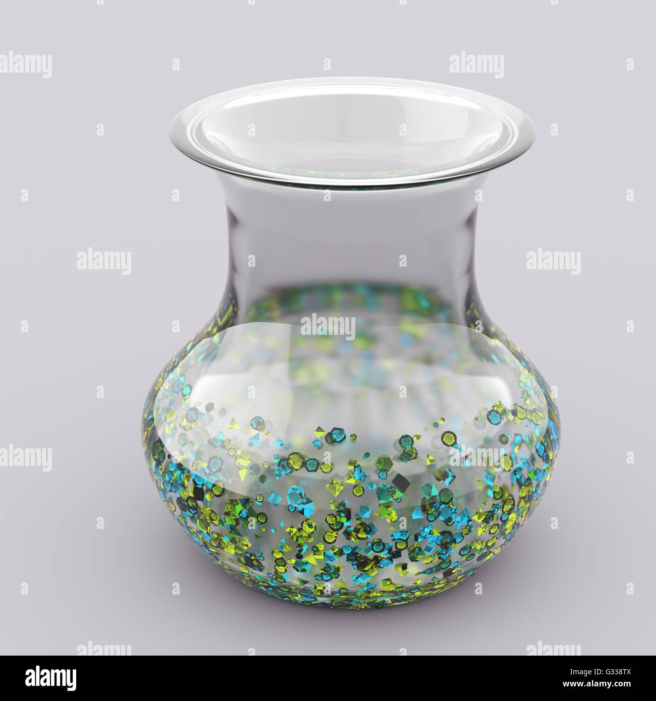 Empty glass vase isolated on white background. Colorful crystals ...