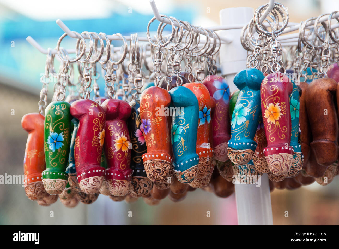 Traditional Greek Souvenir wooden phallus keyring on a market stall in ...