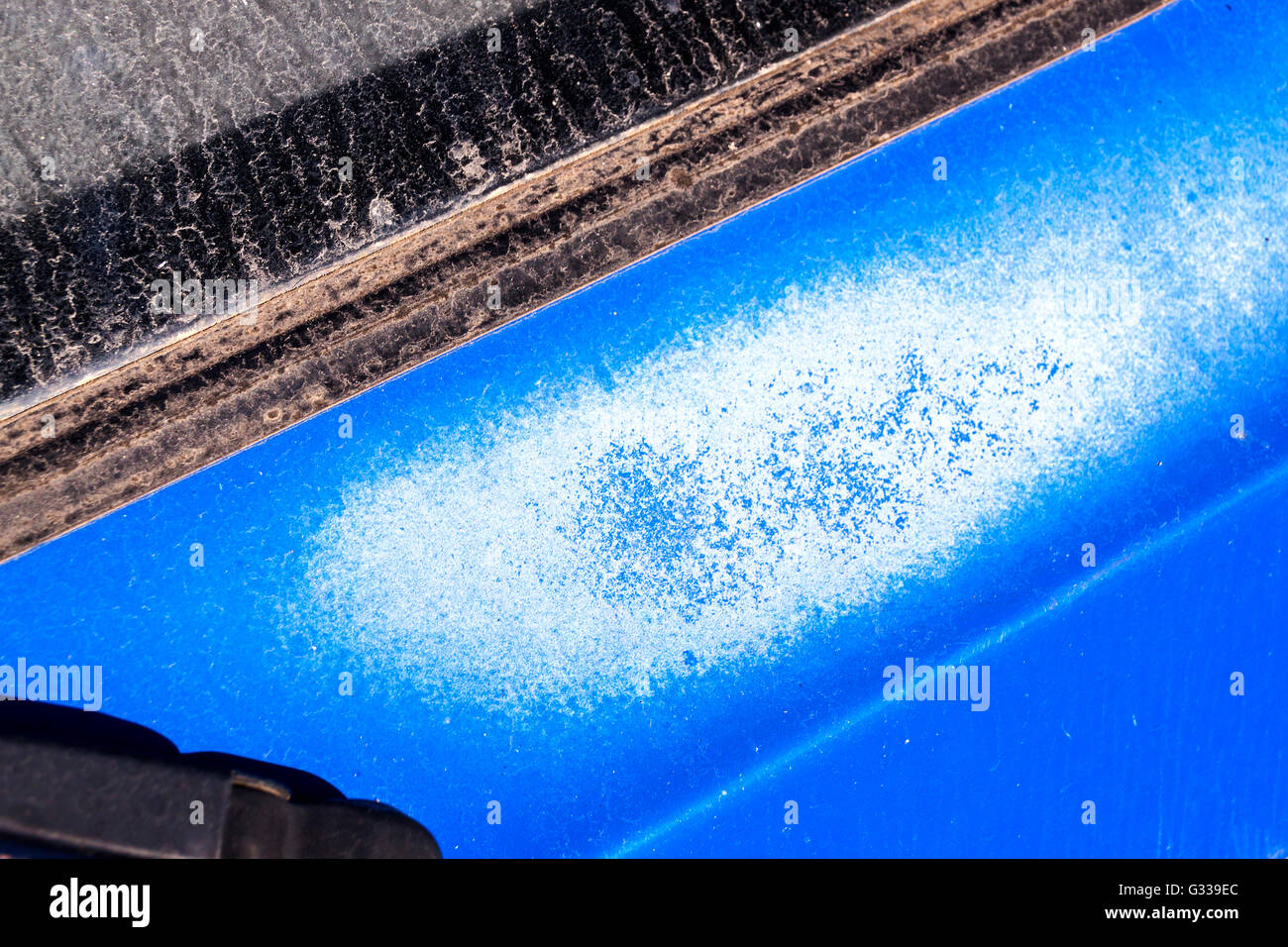 Close up of sun bleached blue paint on panel and dirty windscreen of ...