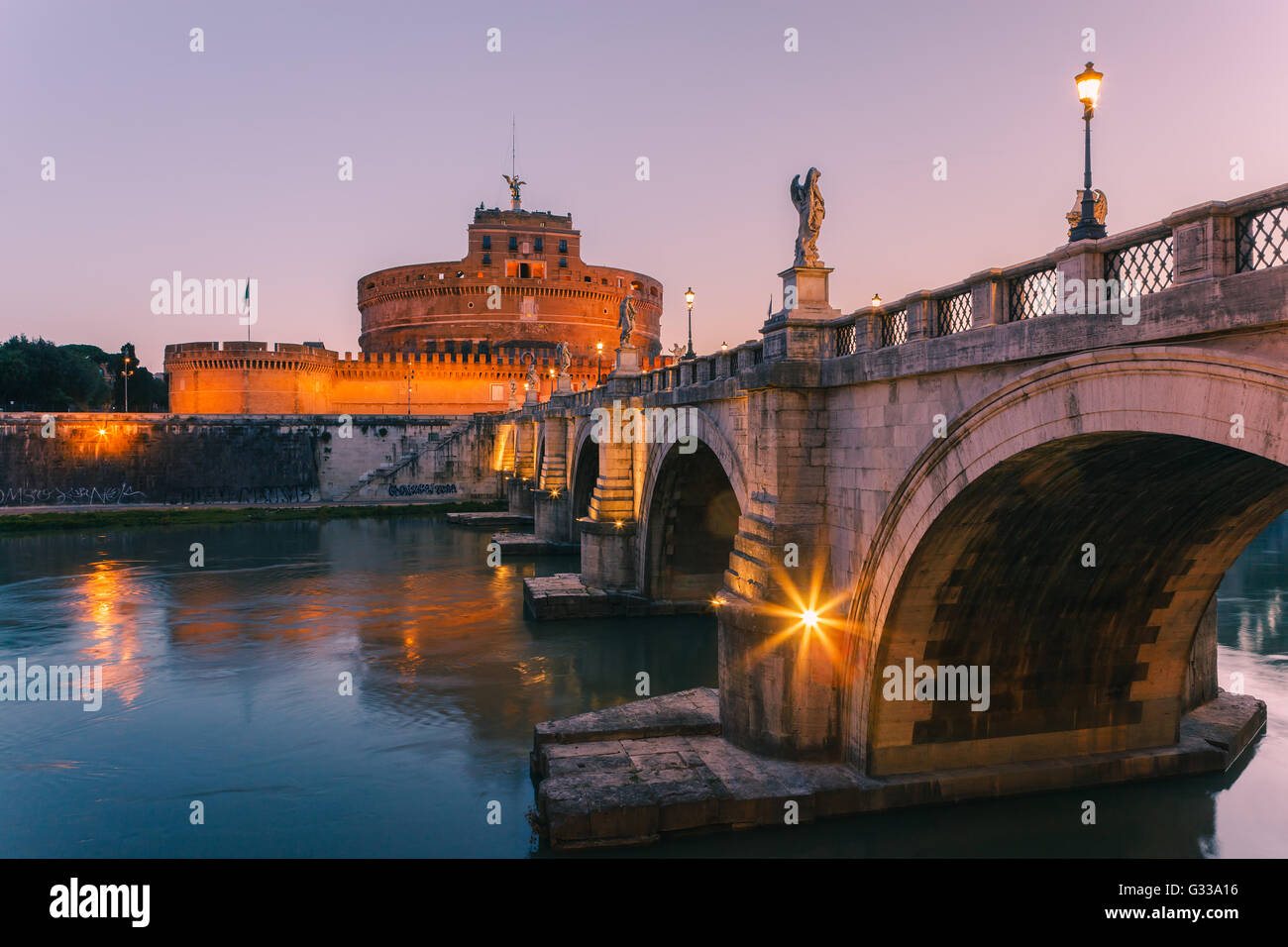 Sant Angelo Bridge and Castel Sant Angelo over the Tiber River at Dawn with the Mausoleum of ...