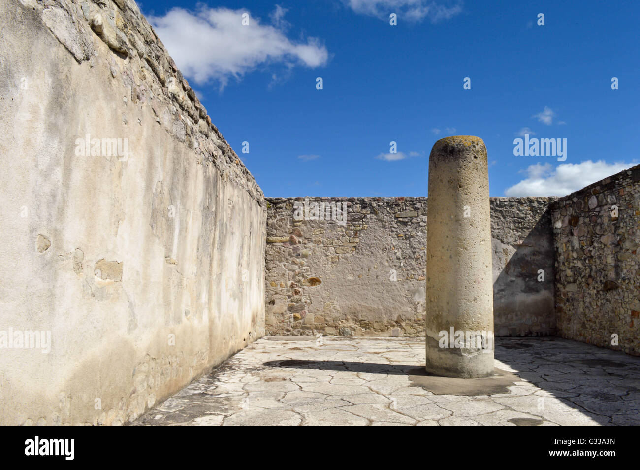 Columns and carvings at the archaeological site of Mitla in the state ...