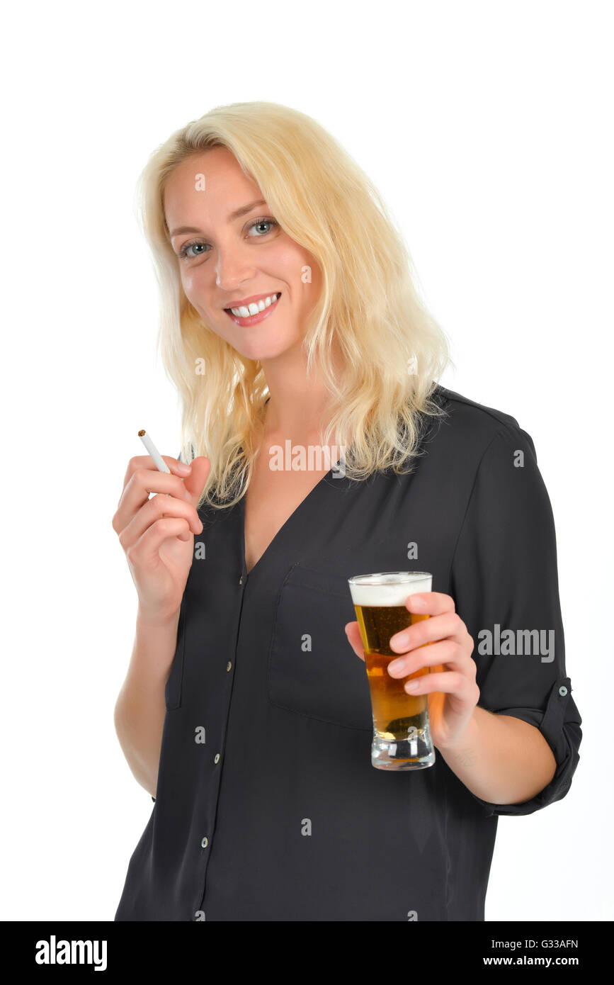 Blond woman with a beer in her hand Stock Photo - Alamy