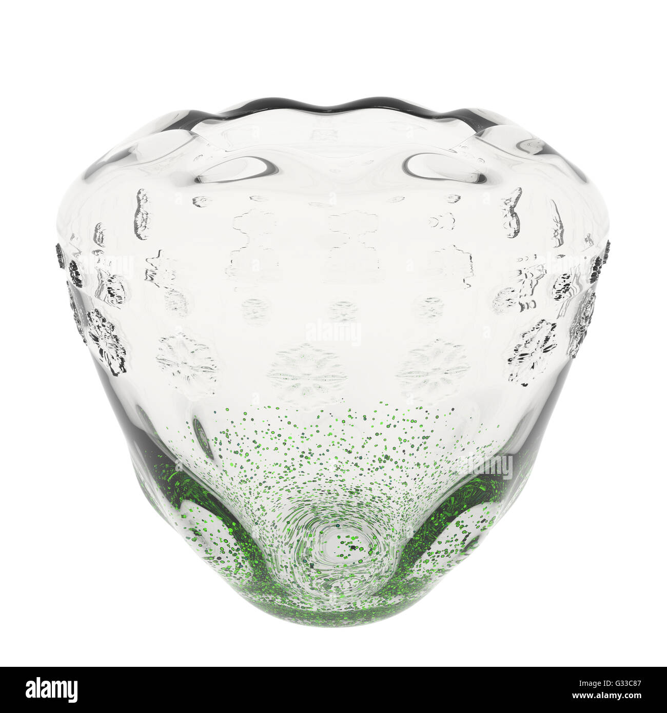 Empty glass pot isolated on white background. Colorful crystals ...